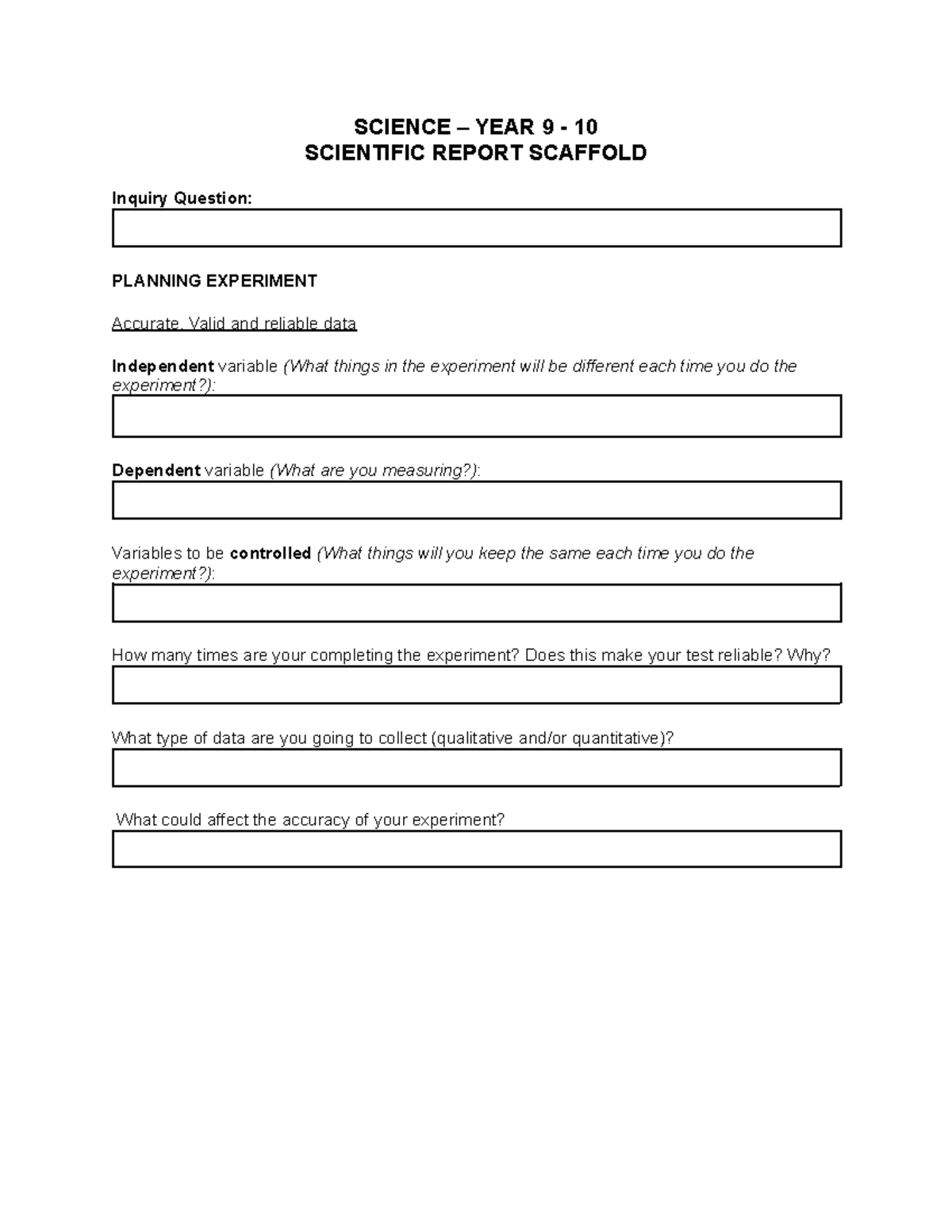 Year 9 - 10 Experimental Report Template - SCIENCE – YEAR 9 - 10 ...
