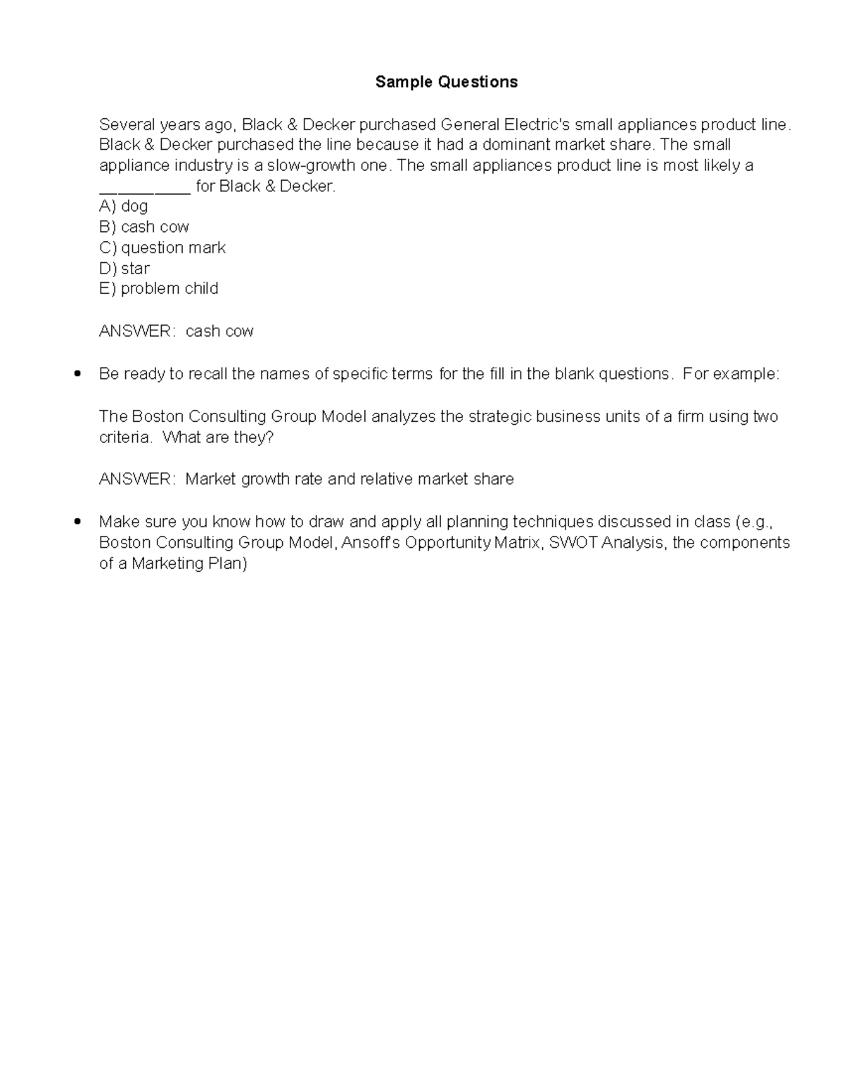 MKT 371- Exam 1 Practice - Sample Questions Several years ago, Black ...
