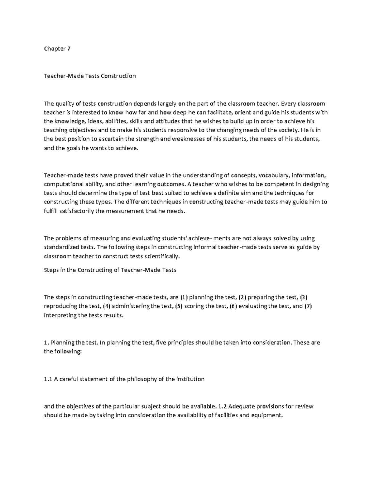 Chapter 7 Research - Chapter 7 Teacher-Made Tests Construction The ...
