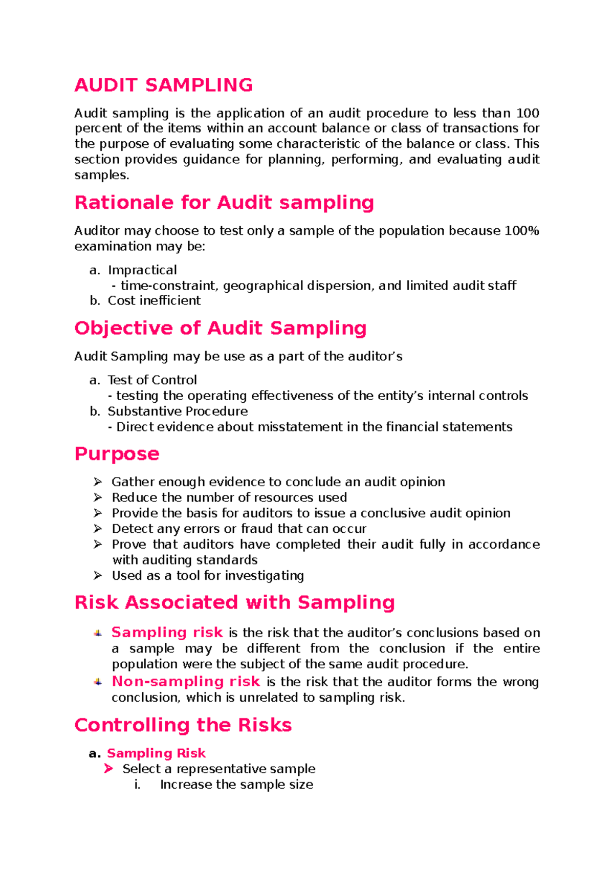 Audit- Sampling - notes:)) - AUDIT SAMPLING Audit sampling is the ...