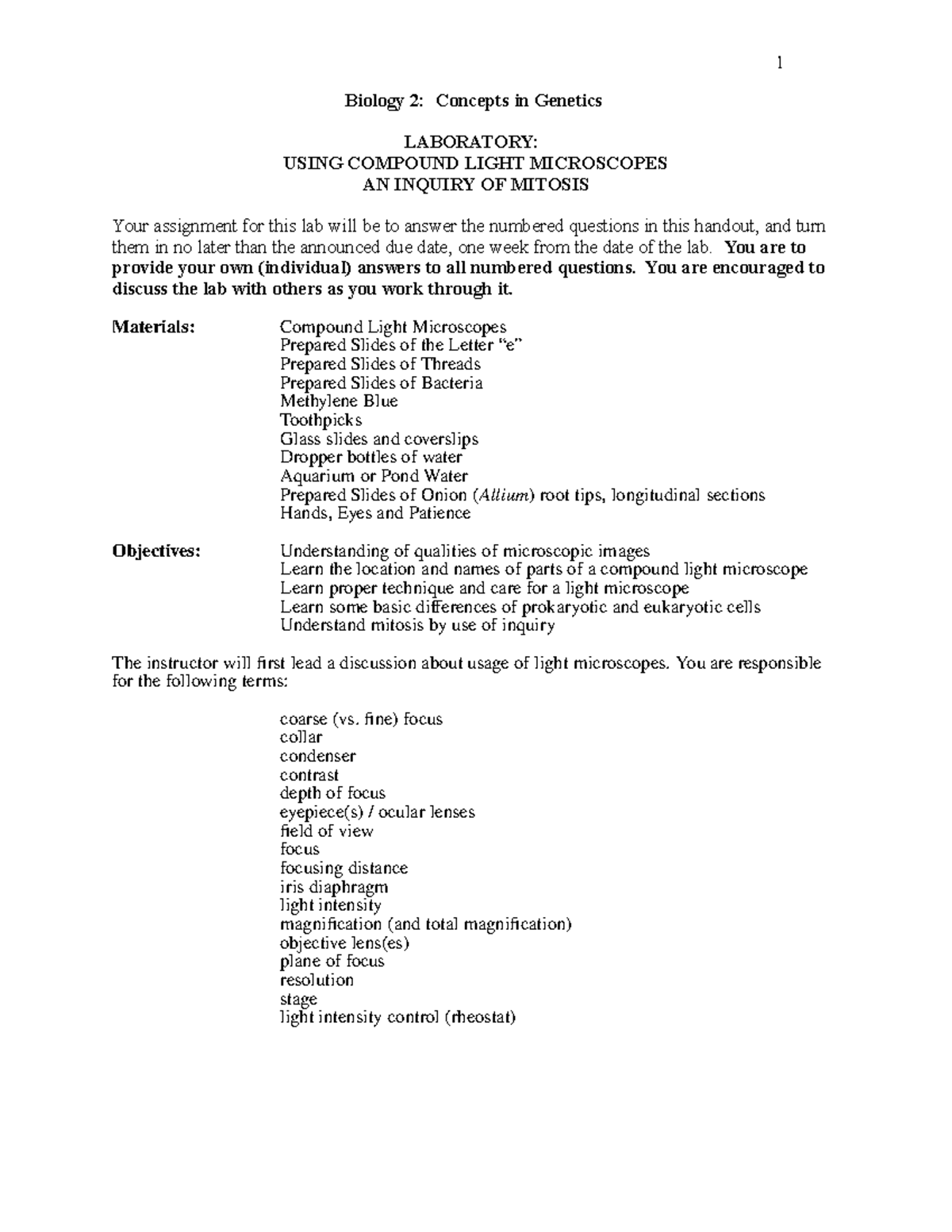 Lab Microscopy Mitosis - Biology 2: Concepts in Genetics LABORATORY ...