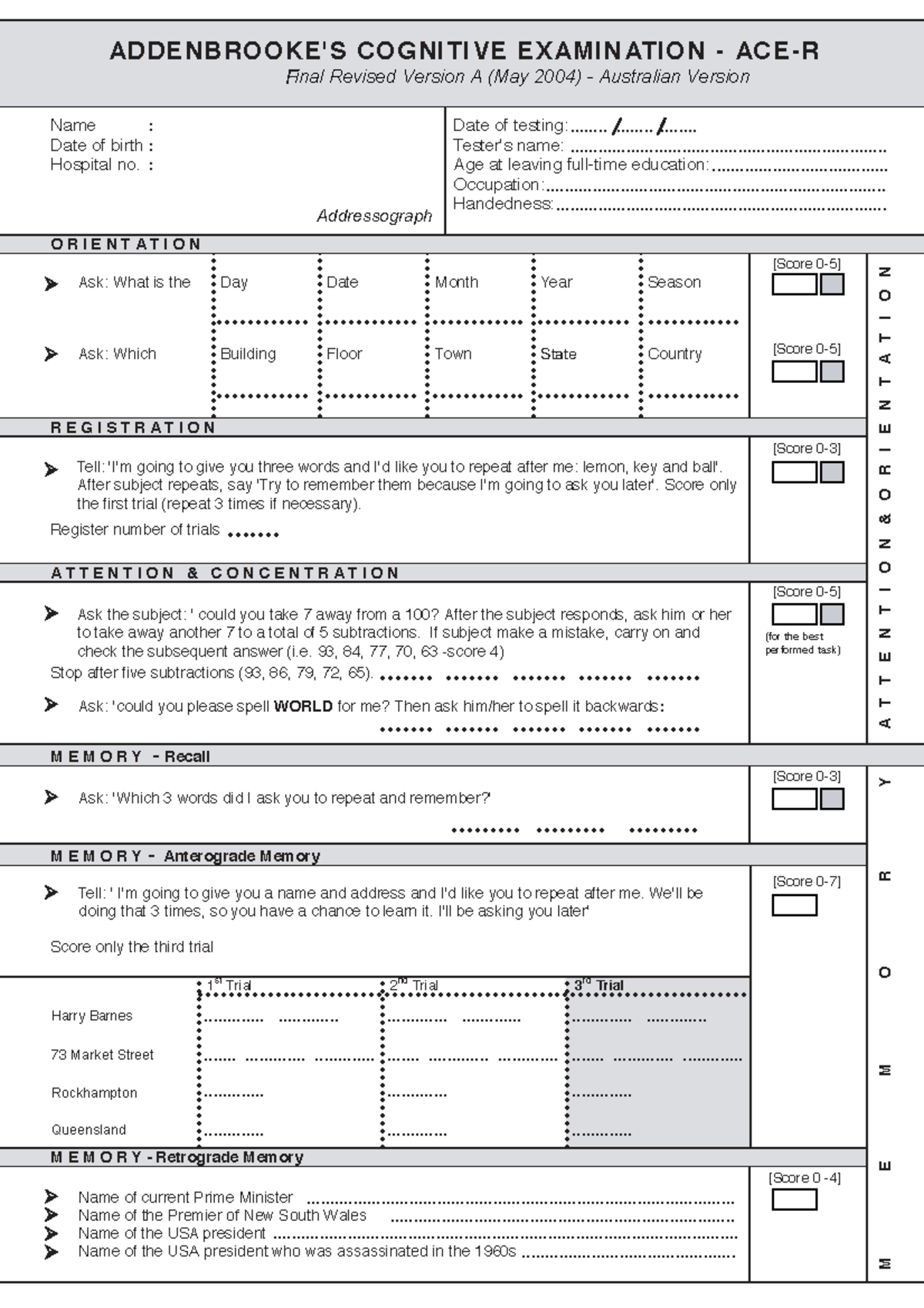 Ace-r aus versiona 1 - study tool - ADDENBROOKE'S COGNITIVE EXAMINATION ...