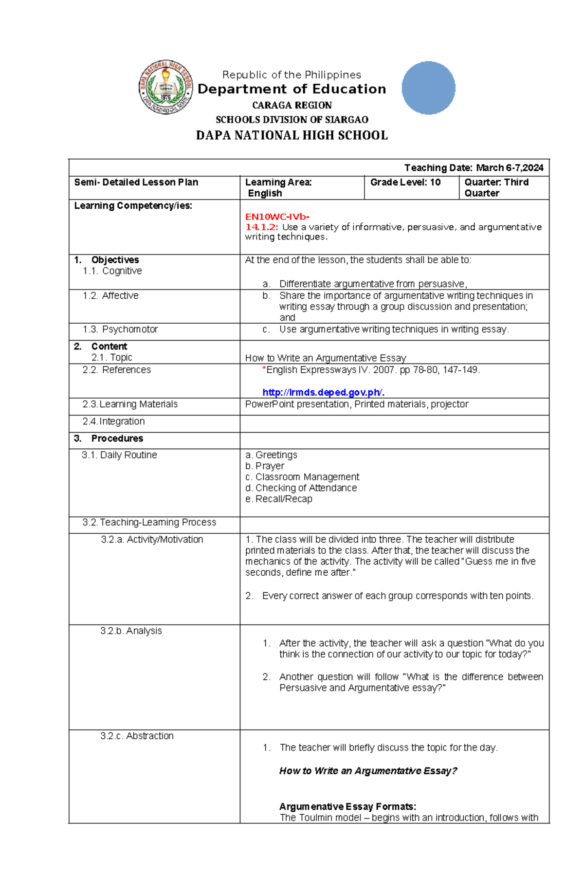 Techniques IN Writing Argumentative Essay - Republic of the Philippines ...