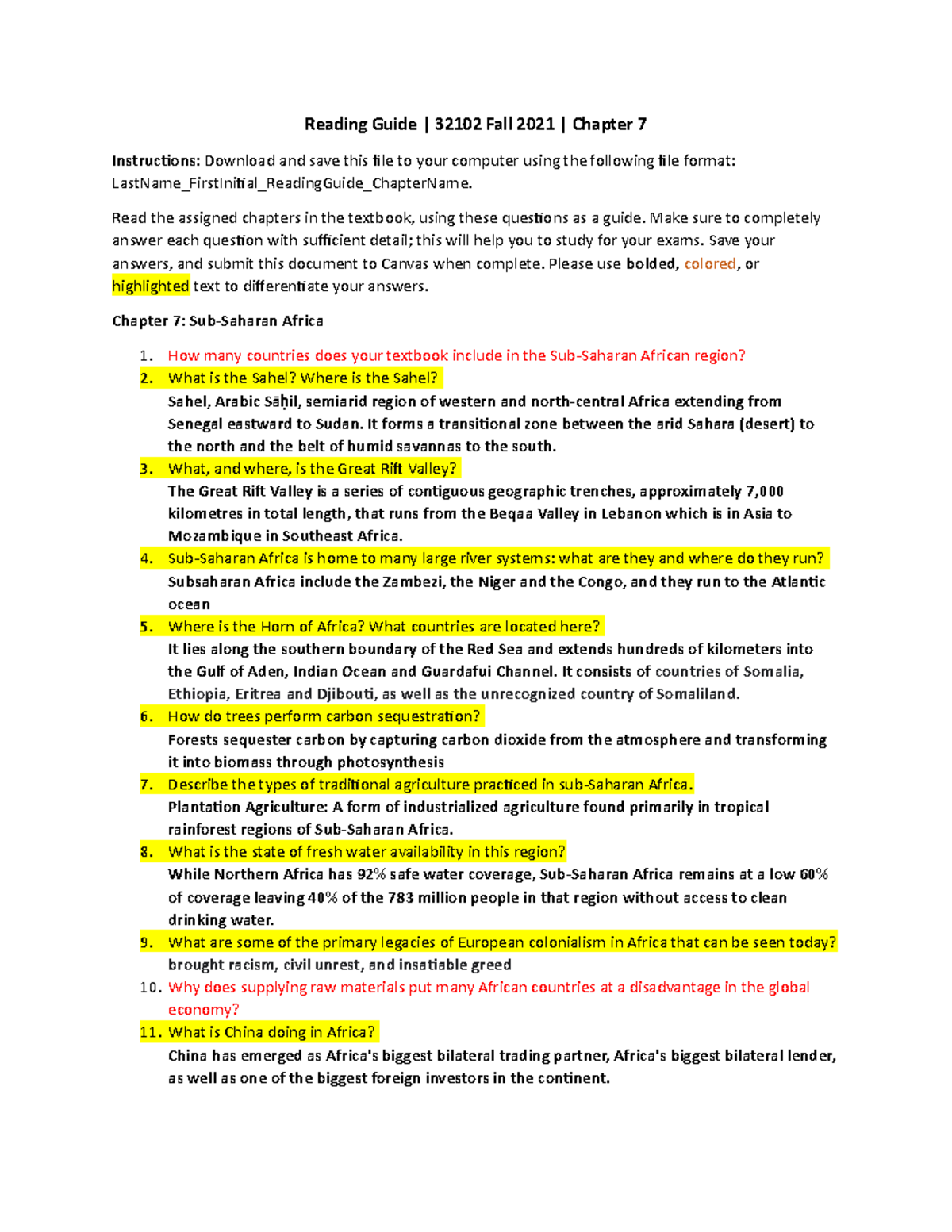 Reading Guide - Chapter 7 Sub-saharan Africa - Reading Guide | 32102 ...