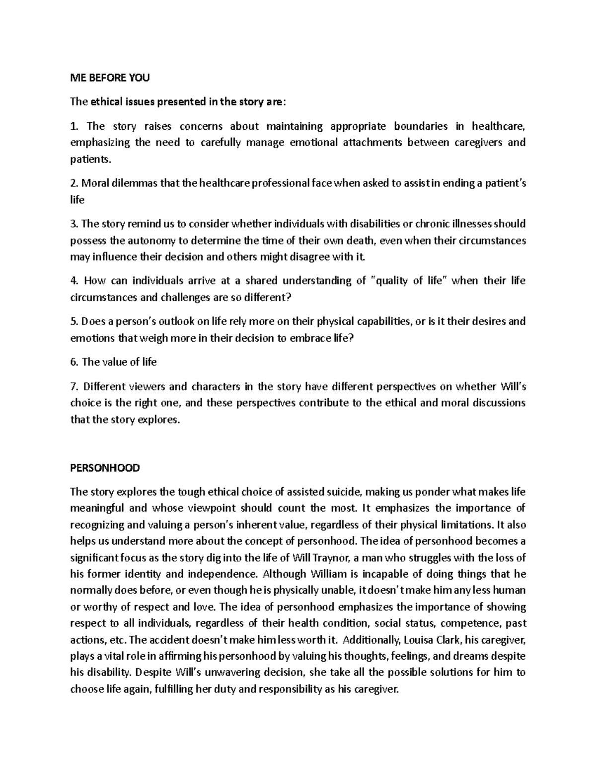 ME Before YOU reflection for health care ethics - ME BEFORE YOU The ...