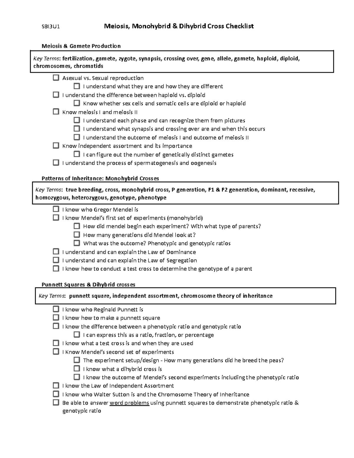 3. - Genetics Quest Checklist - SBI3U1 Meiosis, Monohybrid & Dihybrid ...