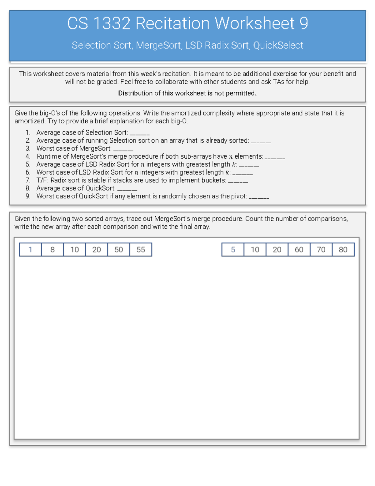 Worksheet 09 - CS 1332 Recitation Worksheet 9 Selection Sort, MergeSort ...