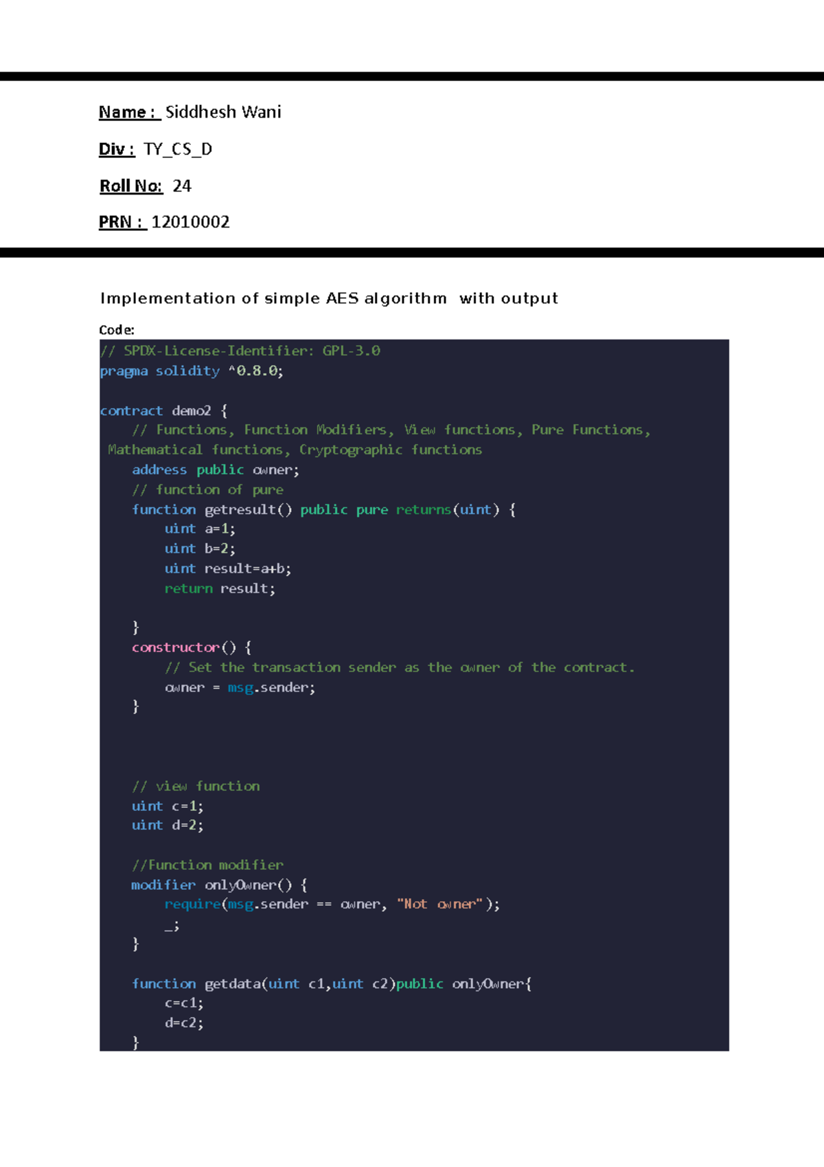 24 Siddhesh Wani Lab13Solidity - Name : Siddhesh Wani Div : TY_CS_D ...