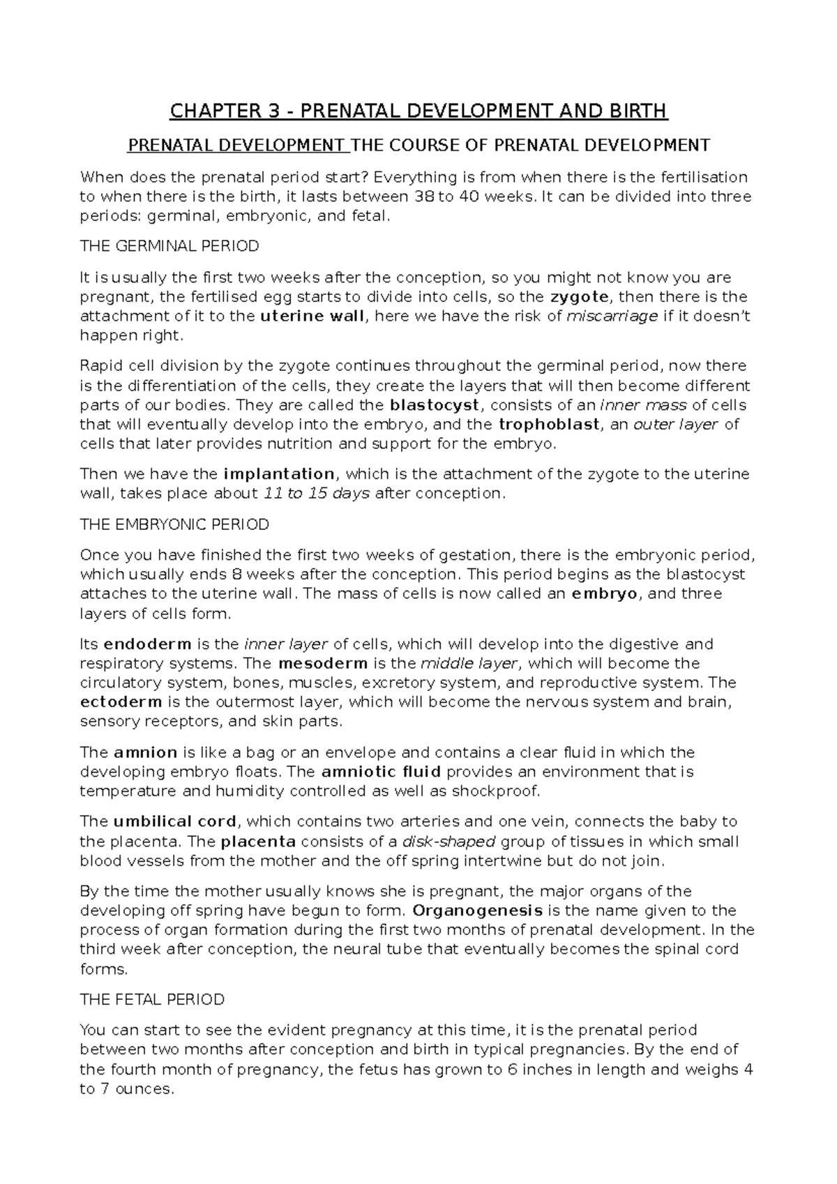 3 prenatal dev + birth - chapter 3 summary - CHAPTER 3 - PRENATAL DEVELOPMENT AND BIRTH PRENATAL ...