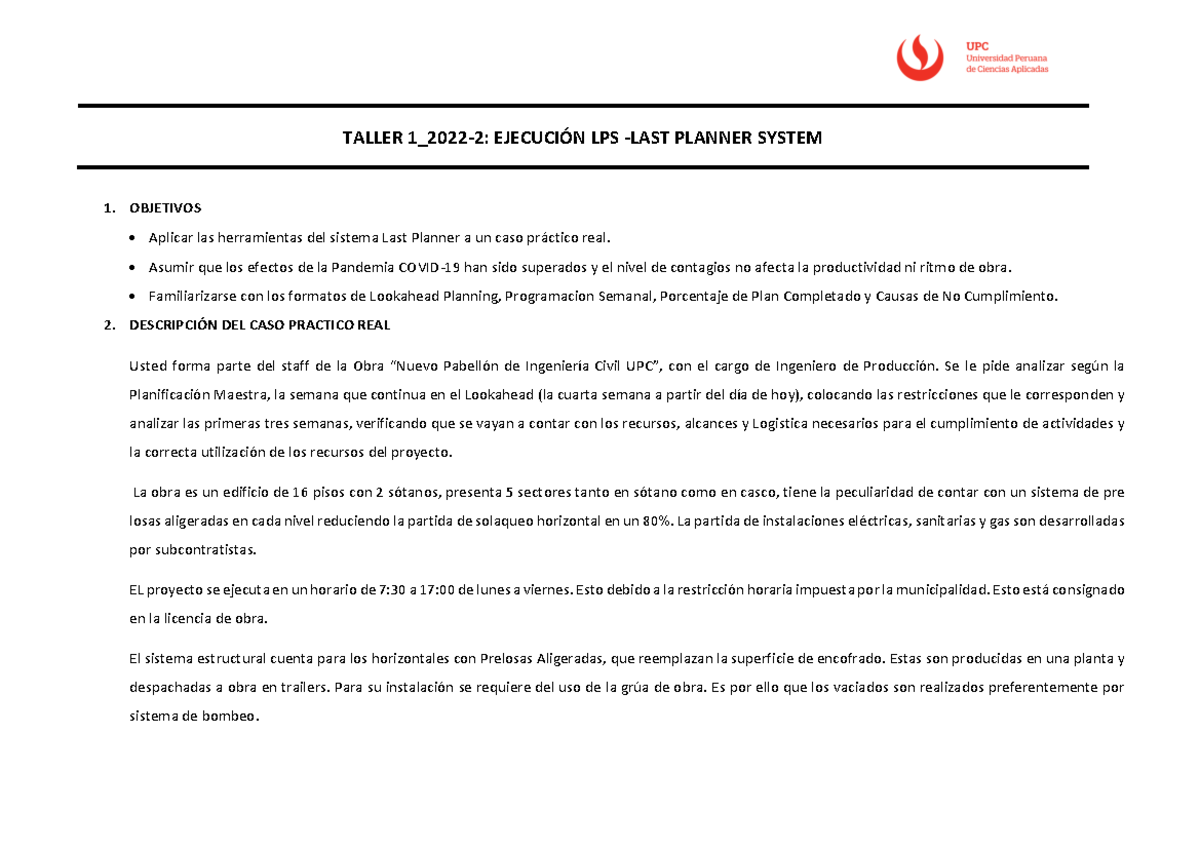 Taller 1 2022-2 EjecucióN LPS - LAST Planner System - TALLER 1_2022-2 ...