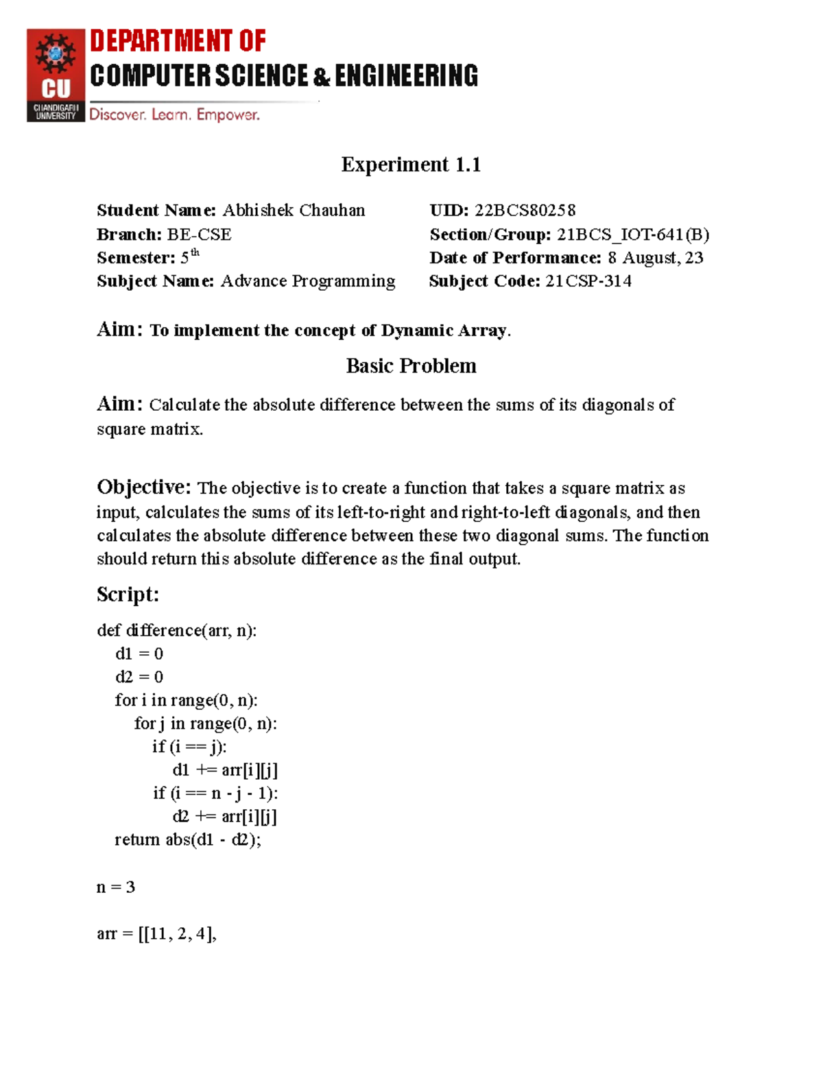 AIML worksheet 1.1 - DEPARTMENT OF COMPUTER SCIENCE & ENGINEERING Experiment 1. Student Name ...