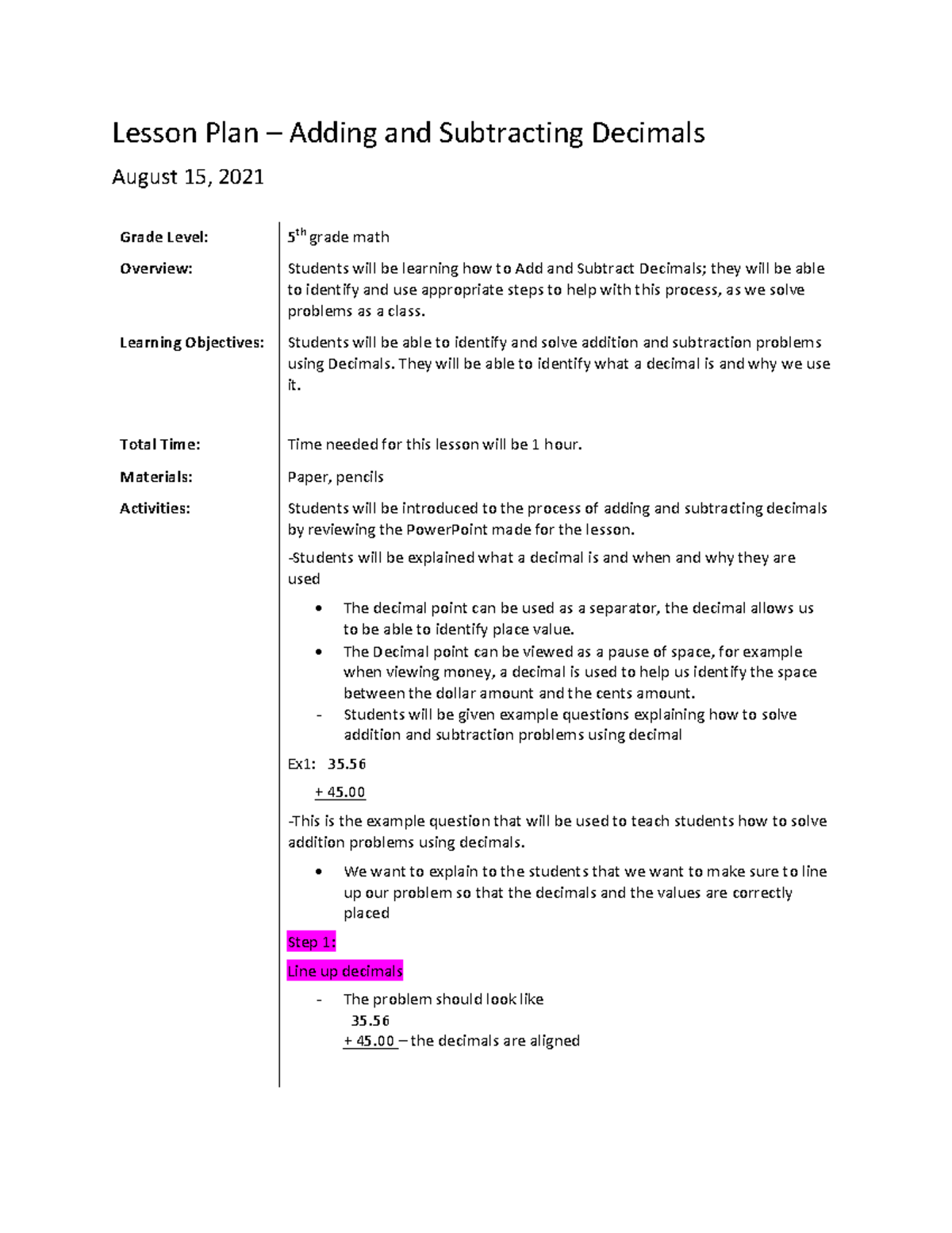 Math 150 Lesson plan final project - Lesson Plan – Adding and ...