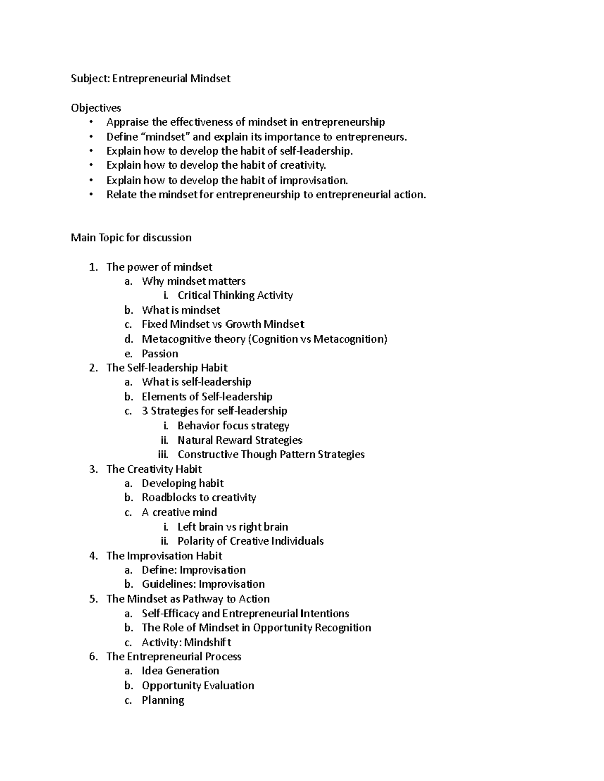 Entrep Mindset - Content details - Subject: Entrepreneurial Mindset ...