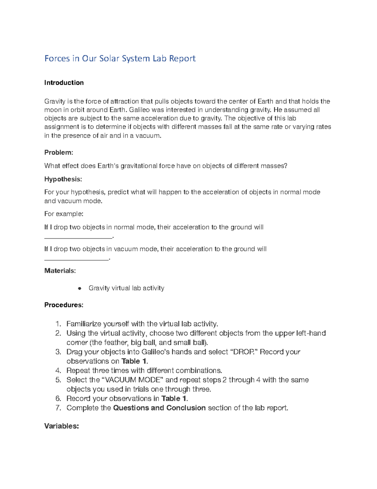 Forces in our solar system lab report - Forces in Our Solar System Lab ...