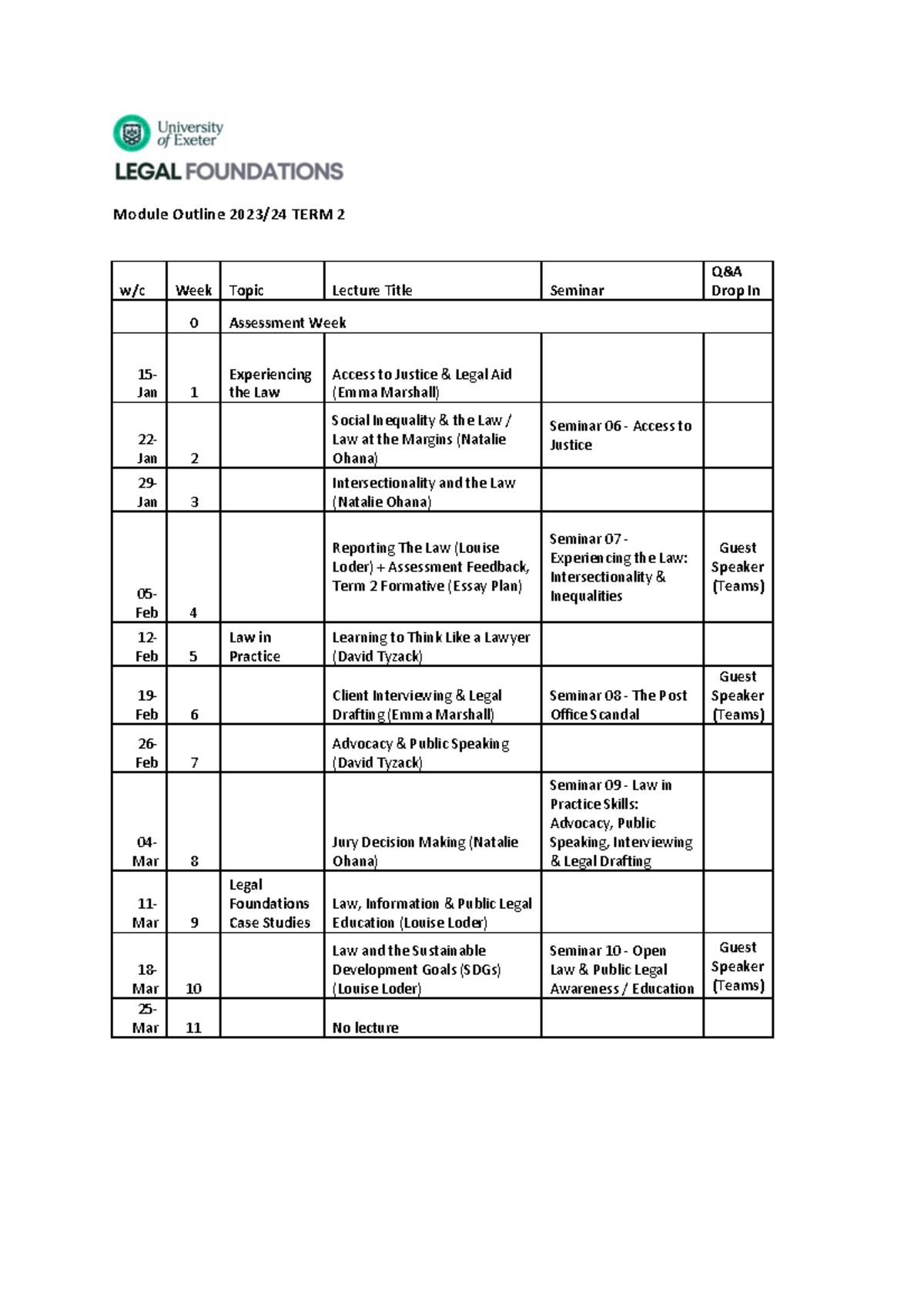 Legal Foundations Module Outline 2023 Term 2 - Module Outline 2023/24 TERM 2 w/c Week Topic ...