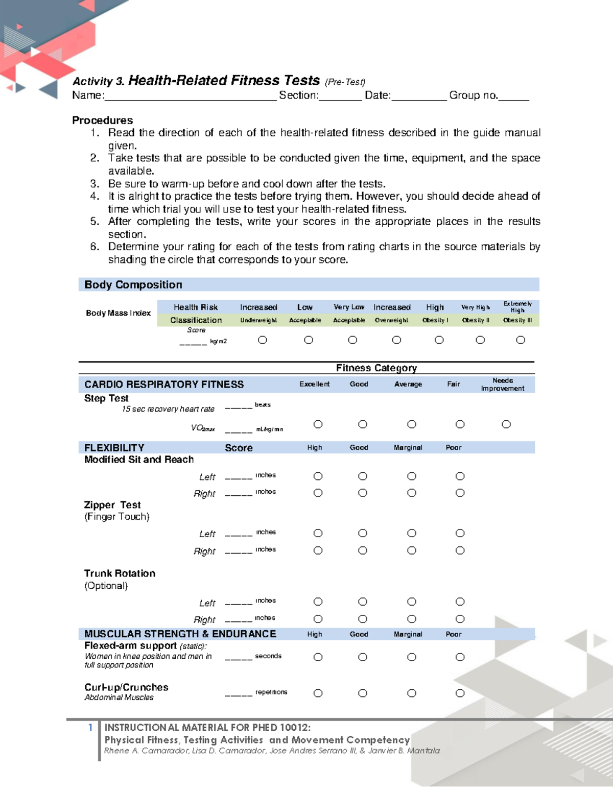 Pretest - Physical Test - 1 INSTRUCTIONAL MATERIAL FOR PHED 10012 ...