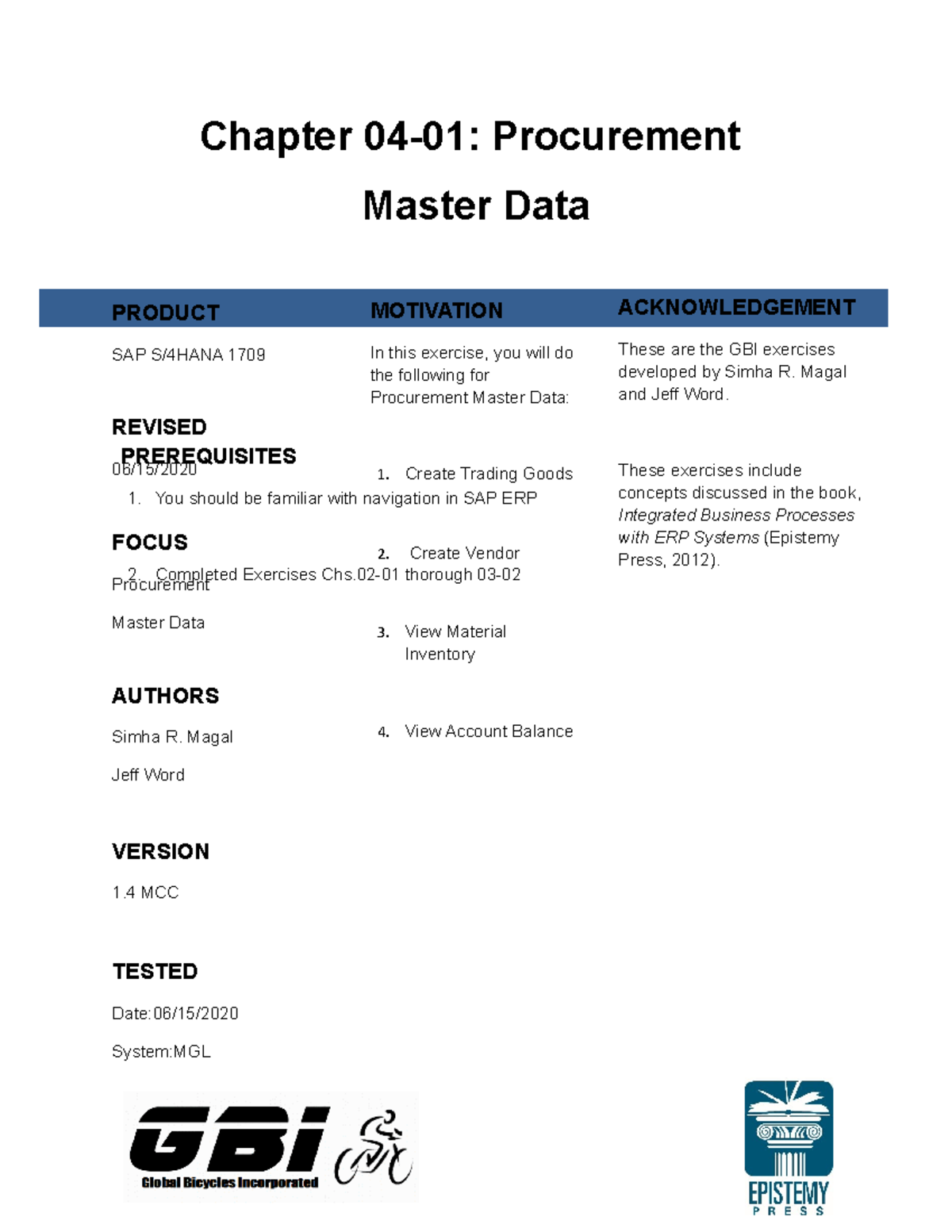Exercise 4-1 Procurement Master Data - S4HANA 1709 MCC V1 - Chapter 04 ...