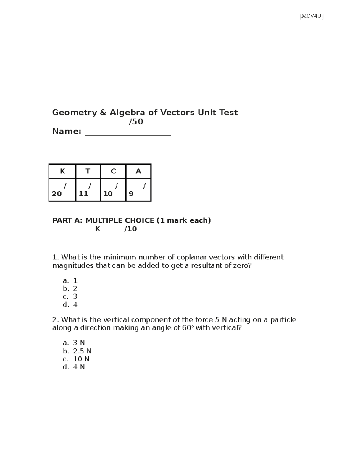 Unit 4 Test - dawdwa - Geometry & Algebra of Vectors Unit Test / Name ...