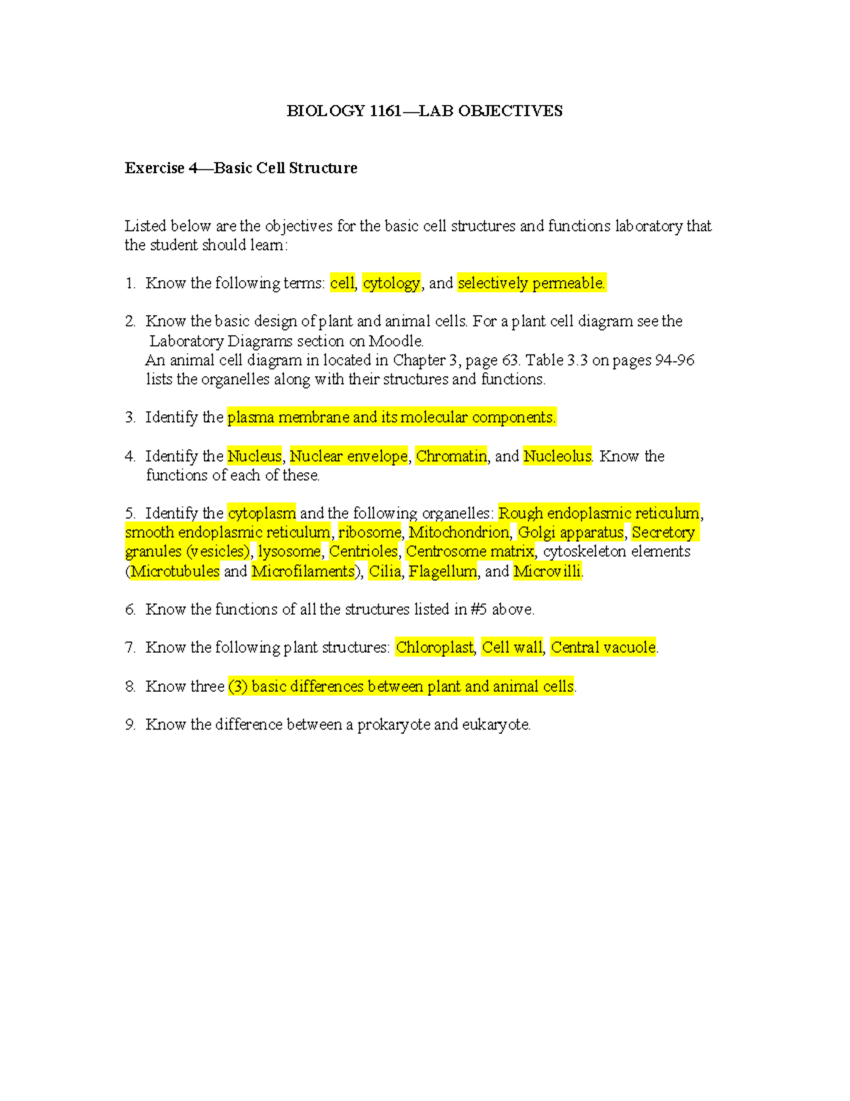 Biology 1161 Exercise 4 Basic Cell Structure and Function - BIOLOGY ...