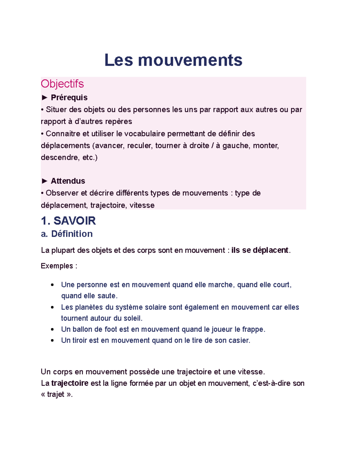 Les mouvements - Les mouvements Objectifs Prérequis Situer des objets ...