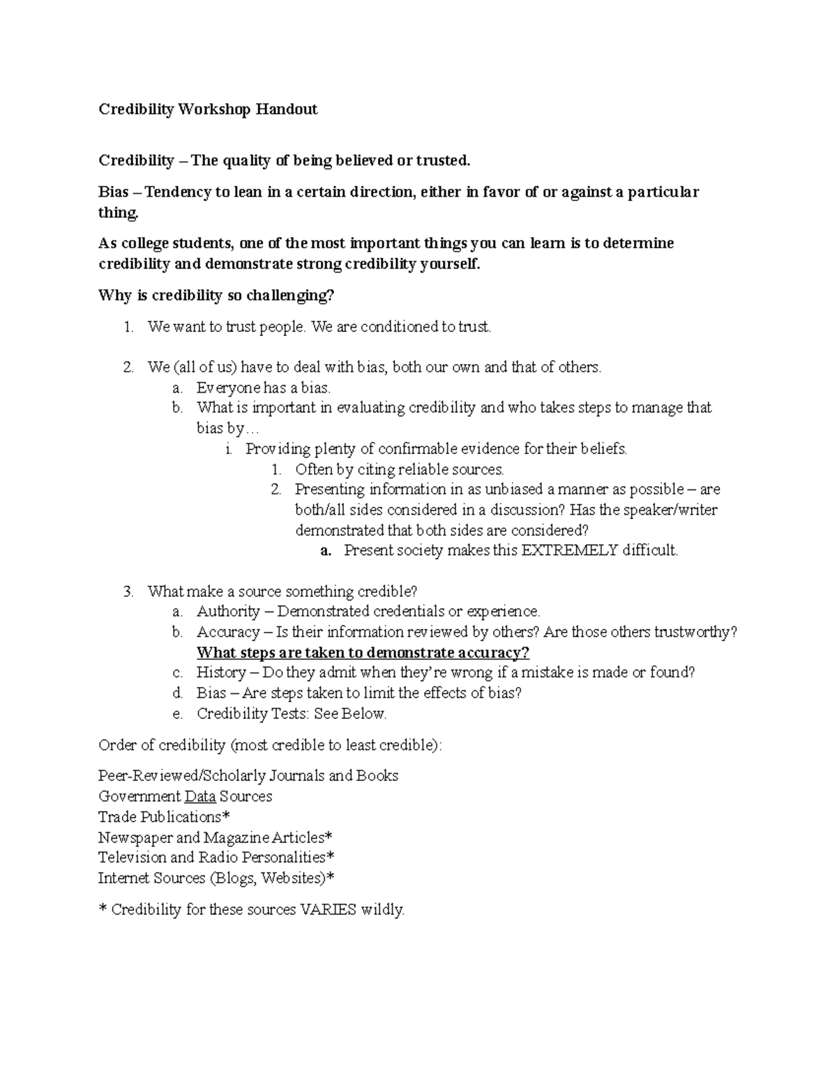Credibility handout - Practice - Credibility Workshop Handout ...