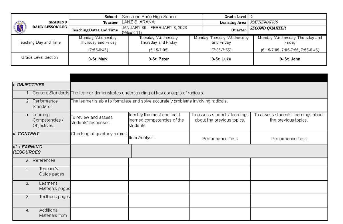 Week 11 Math ALL ABOUT MATH GRADES 9 DAILY LESSON LOG School San