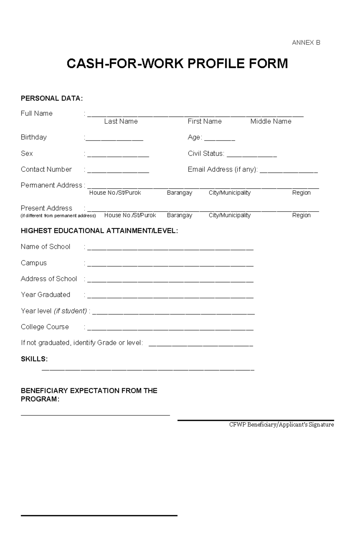 Cash For Work Form for student seeking job after graduation - ANNEX B ...