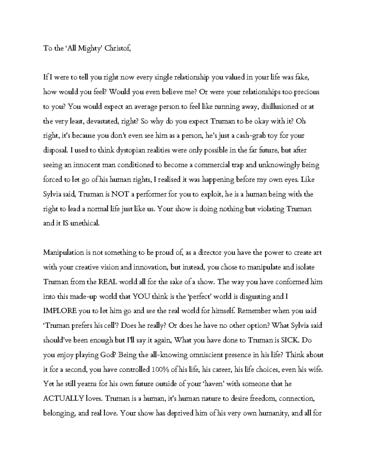 Persuasive - Truman Show - To the ‘All Mighty’ Christof, If I were to ...