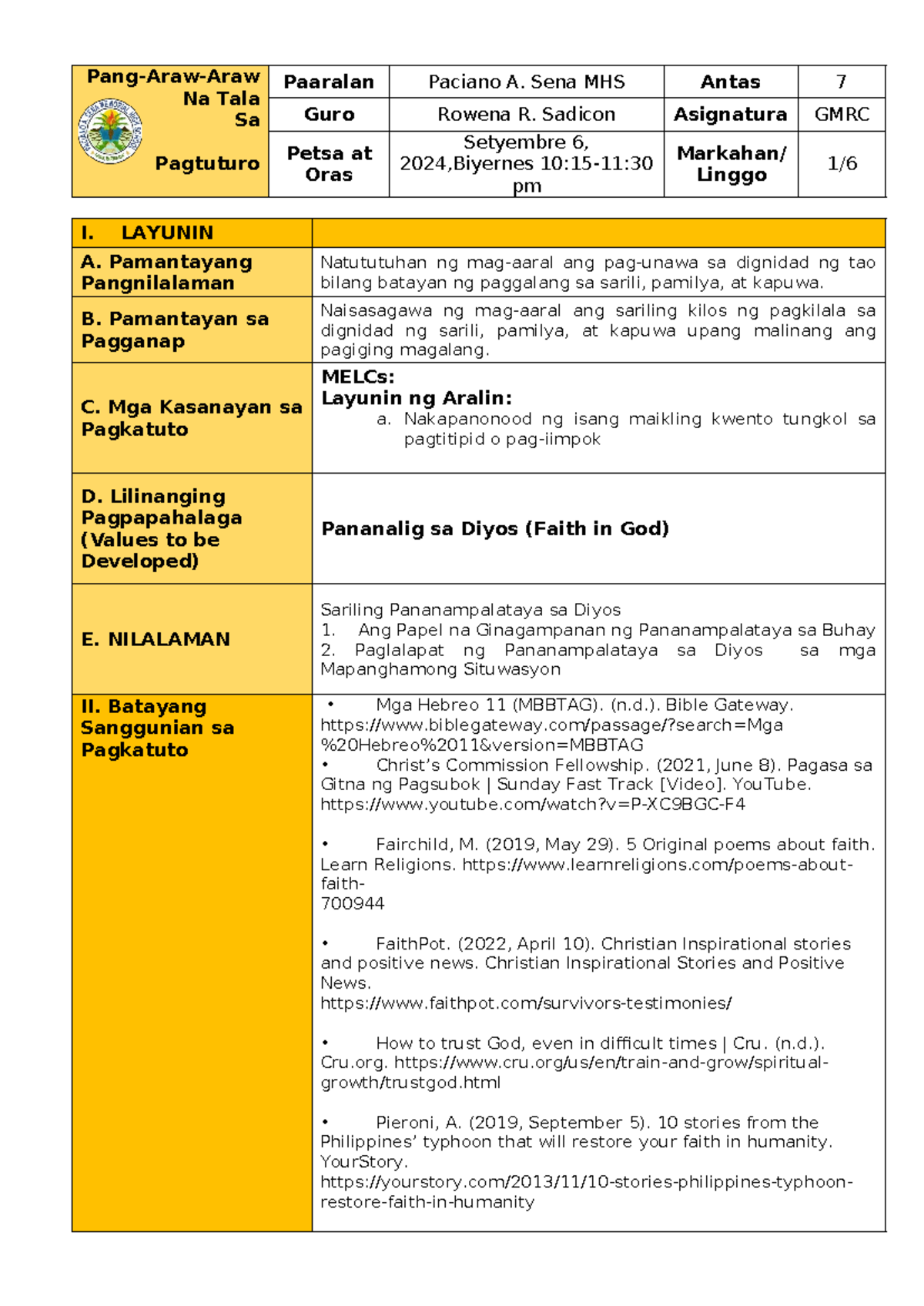 Ikalimang Araw (Ikaanim na Linggo) - Pang-Araw-Araw Na Tala Sa Pagtuturo Paaralan Paciano A ...