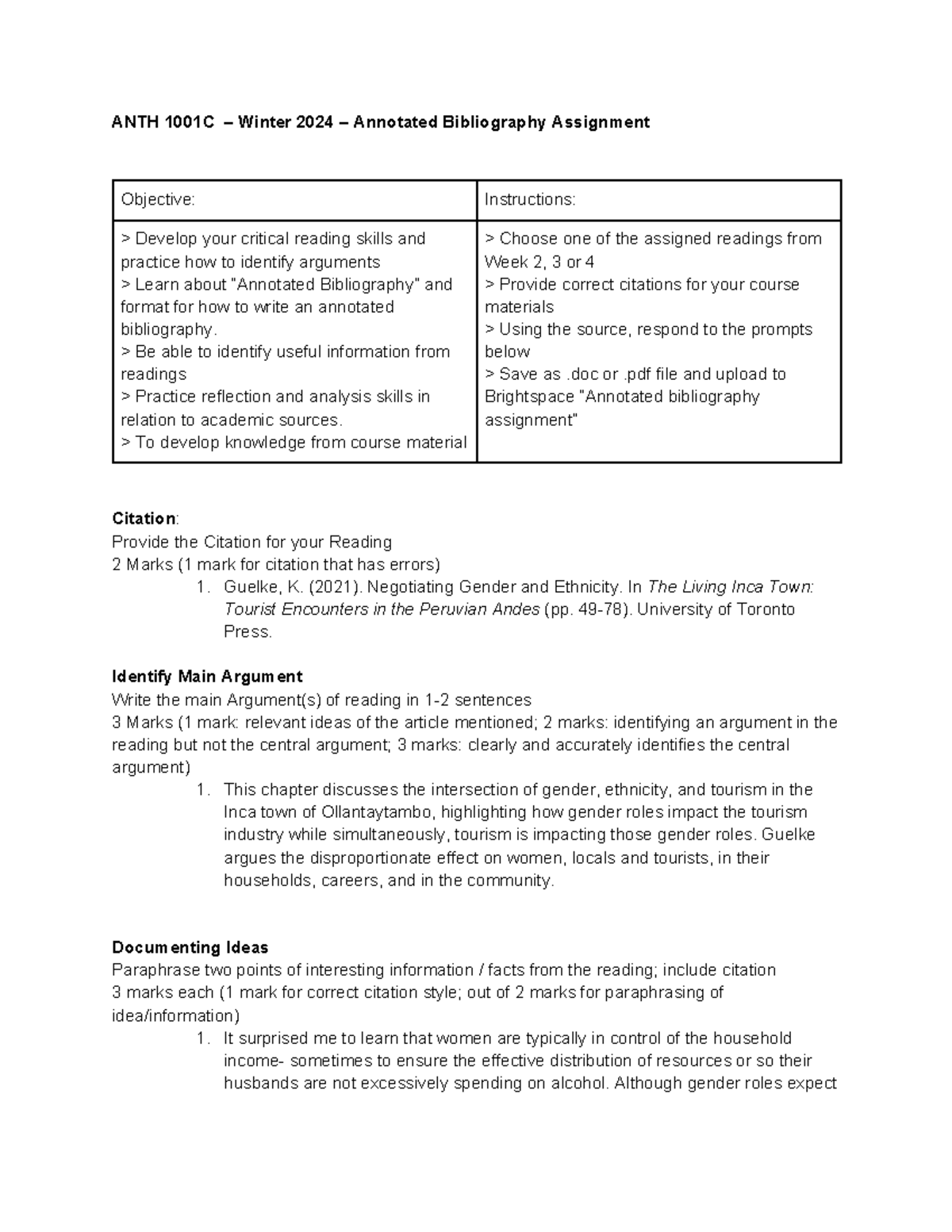 ANTH 1001C Annotated Bibliography Assignment - ANTH 1001C – Winter 2024 ...