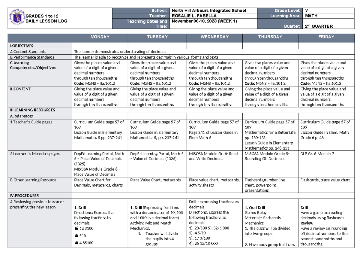 DLL MATH - notes - GRADES 1 to 12 DAILY LESSON LOG School: North Hill ...