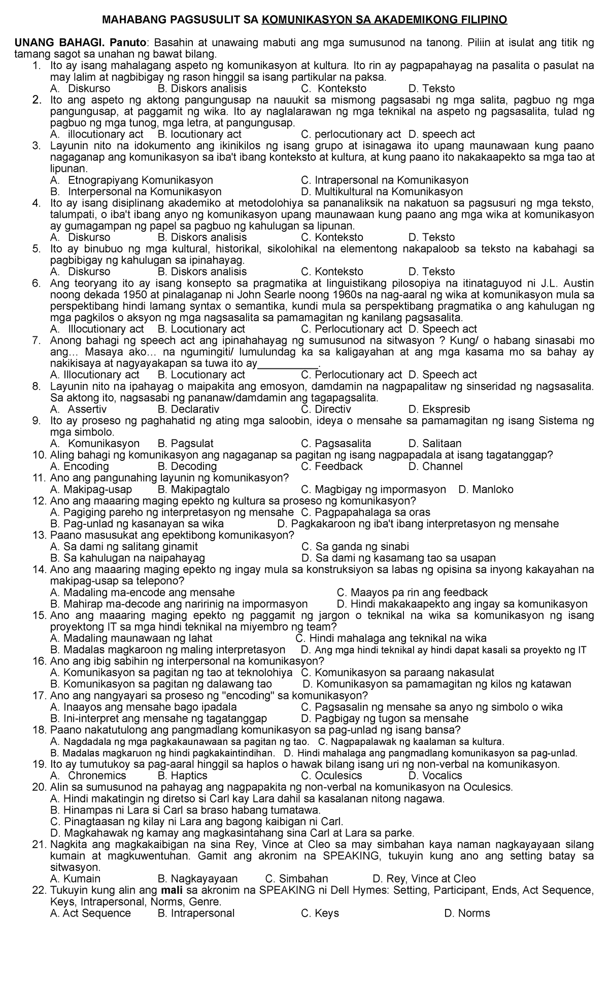 Mahabang Pagsusulit SA Komunikasyon SA Akademikong Filipino - MAHABANG ...