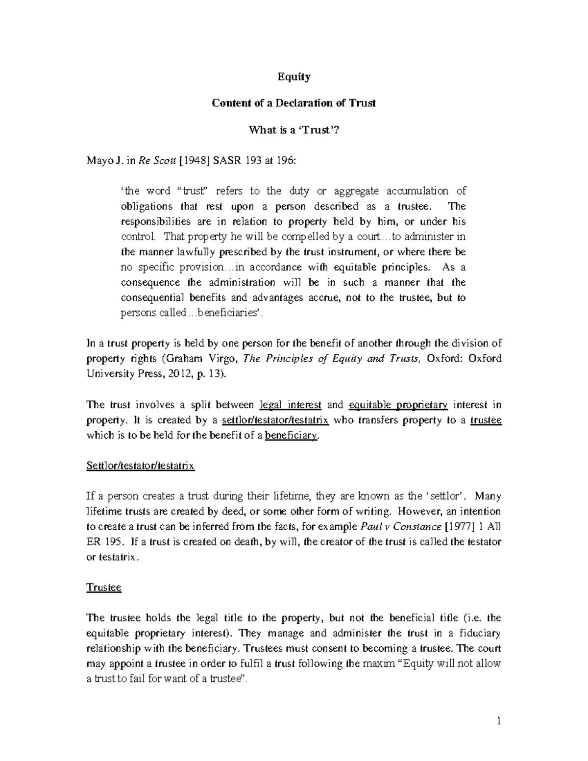 Content of a Declaration of Trust - Equity Content of a Declaration of ...
