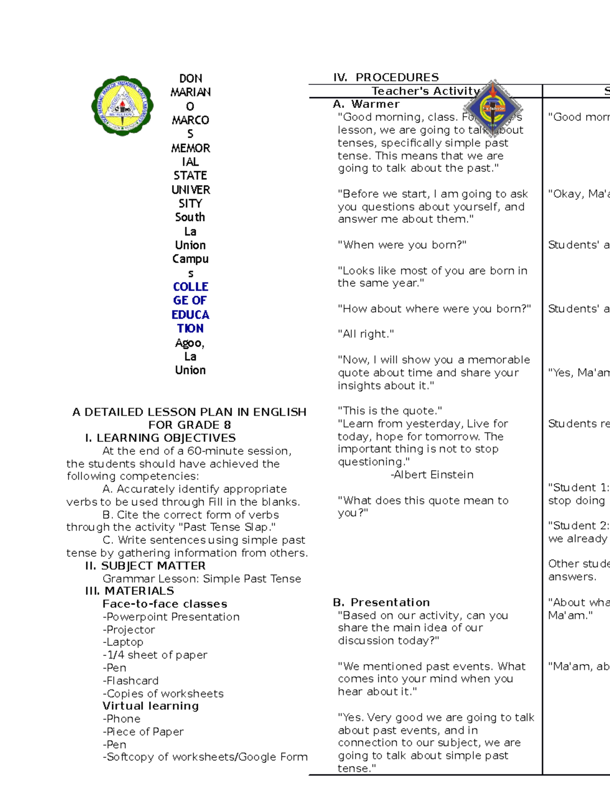 Simple PAST Tense - Detailed Lesson PLAN IN Grammar English 8 - DON ...