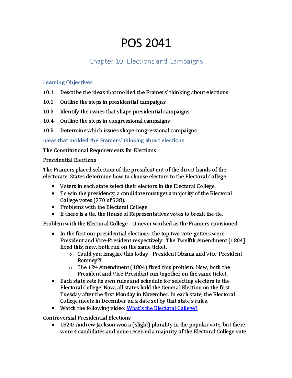Chapter 10 Outline POS 2041 - POS 2041 Chapter 10: Elections and ...