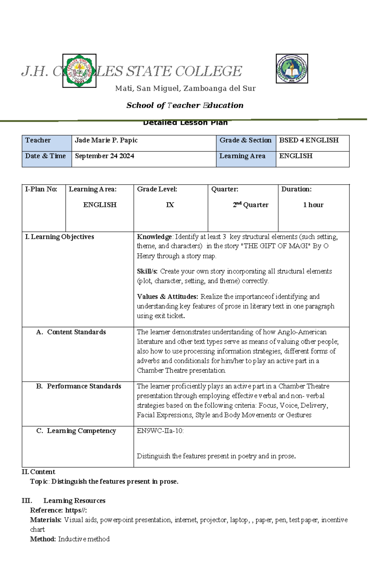 Lesson-Plan-jade - Detailed lesson plan of features present in prose ...