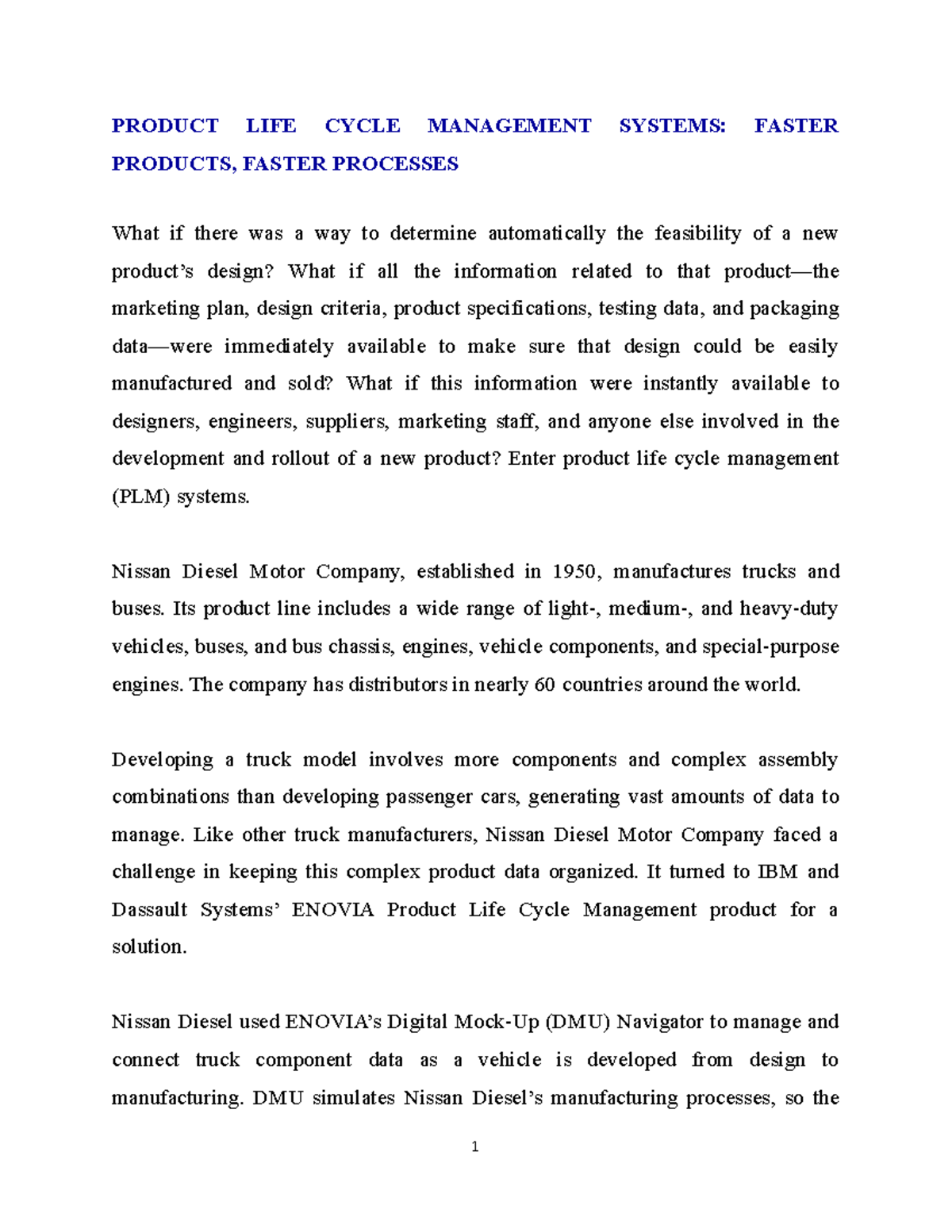 Individual Case study 2 - PRODUCT LIFE CYCLE MANAGEMENT SYSTEMS: FASTER ...