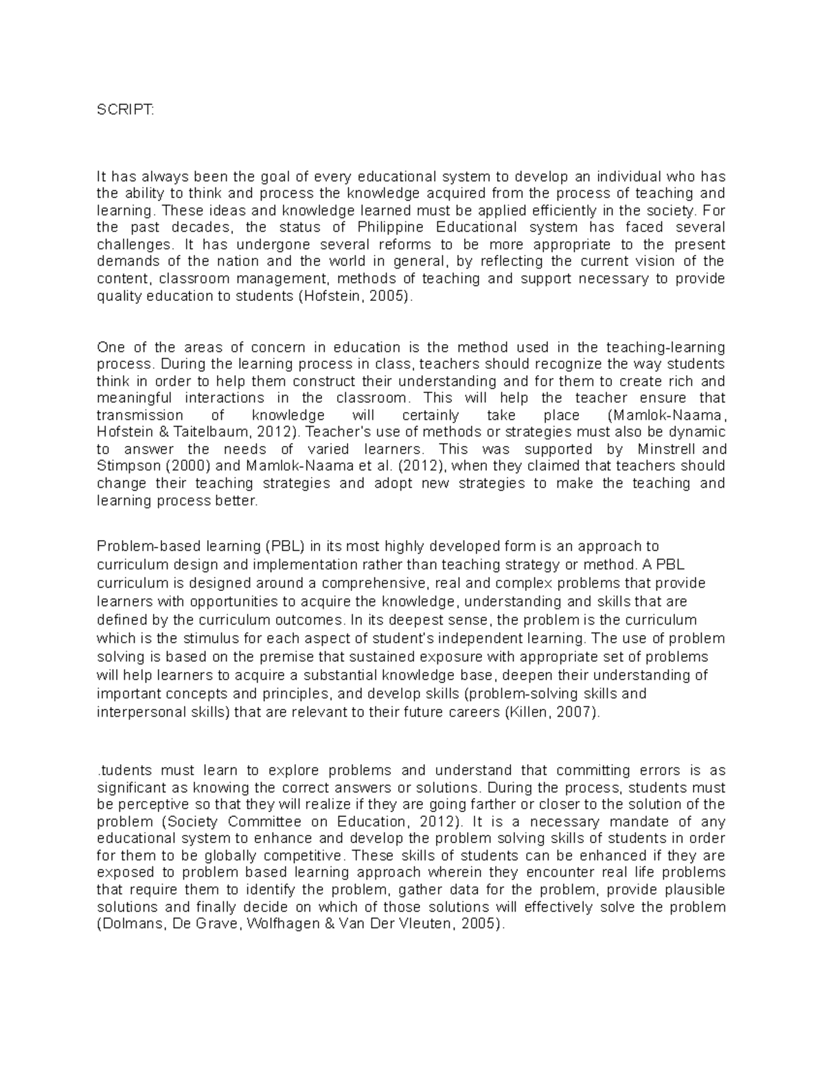 Script Writing A Problem- Based Learning Lesson PLAN Citing Socio ...