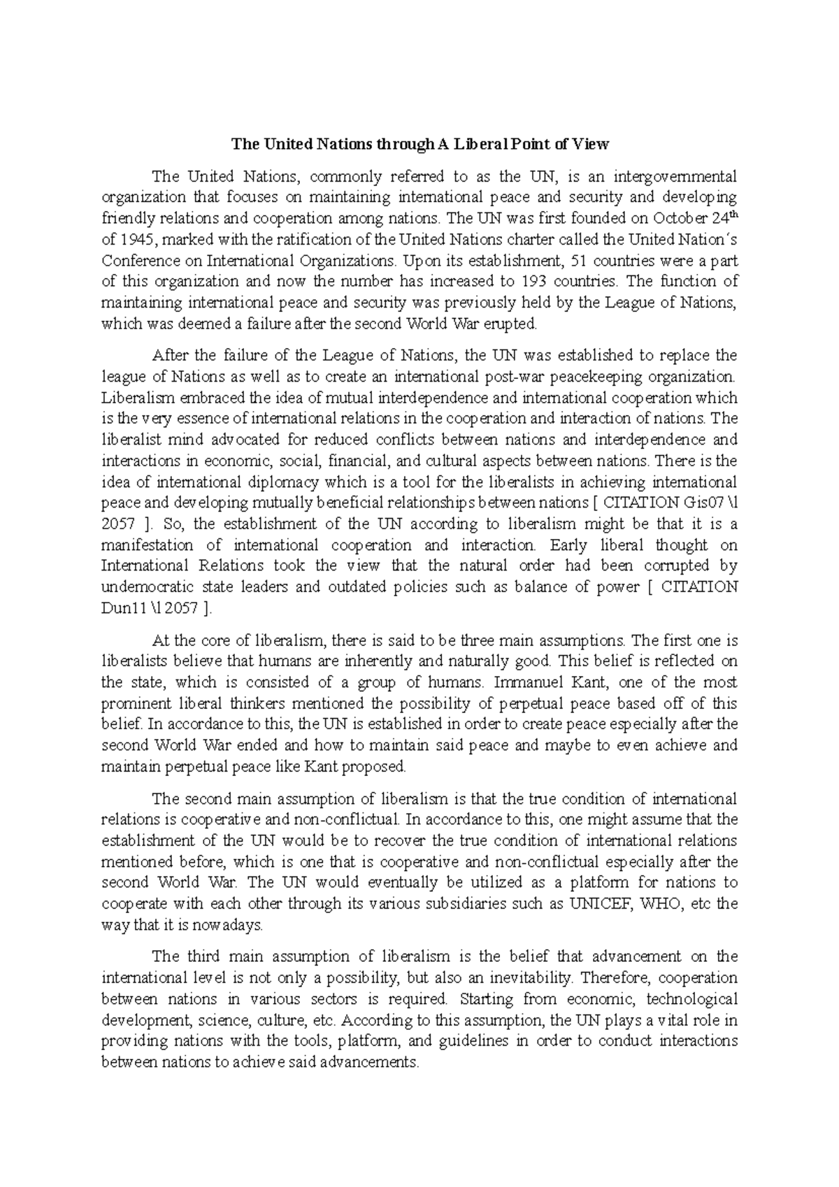 THI Individual UN Analysis Paper 1 - The United Nations through A ...