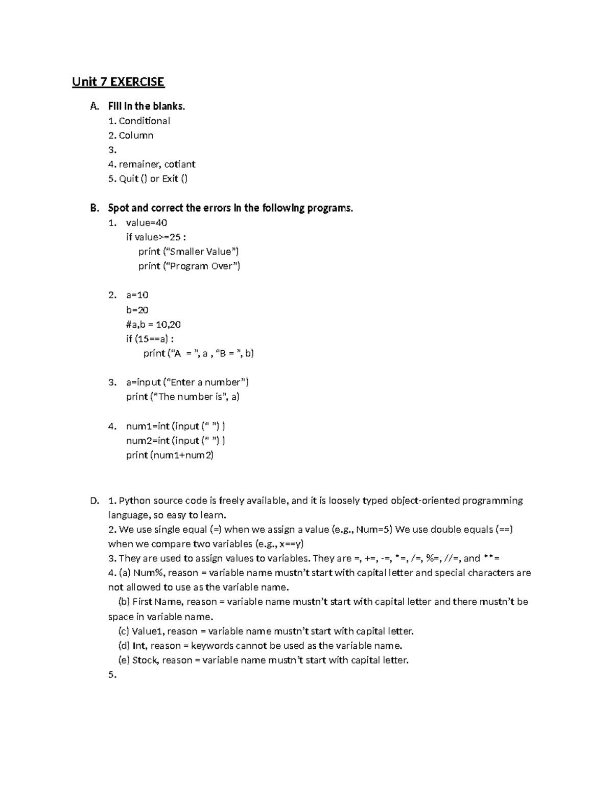 Unit 7 Exercise - Have fun - Unit 7 EXERCISE A. Fill in the blanks. 1. Conditional 2. Column 3 ...