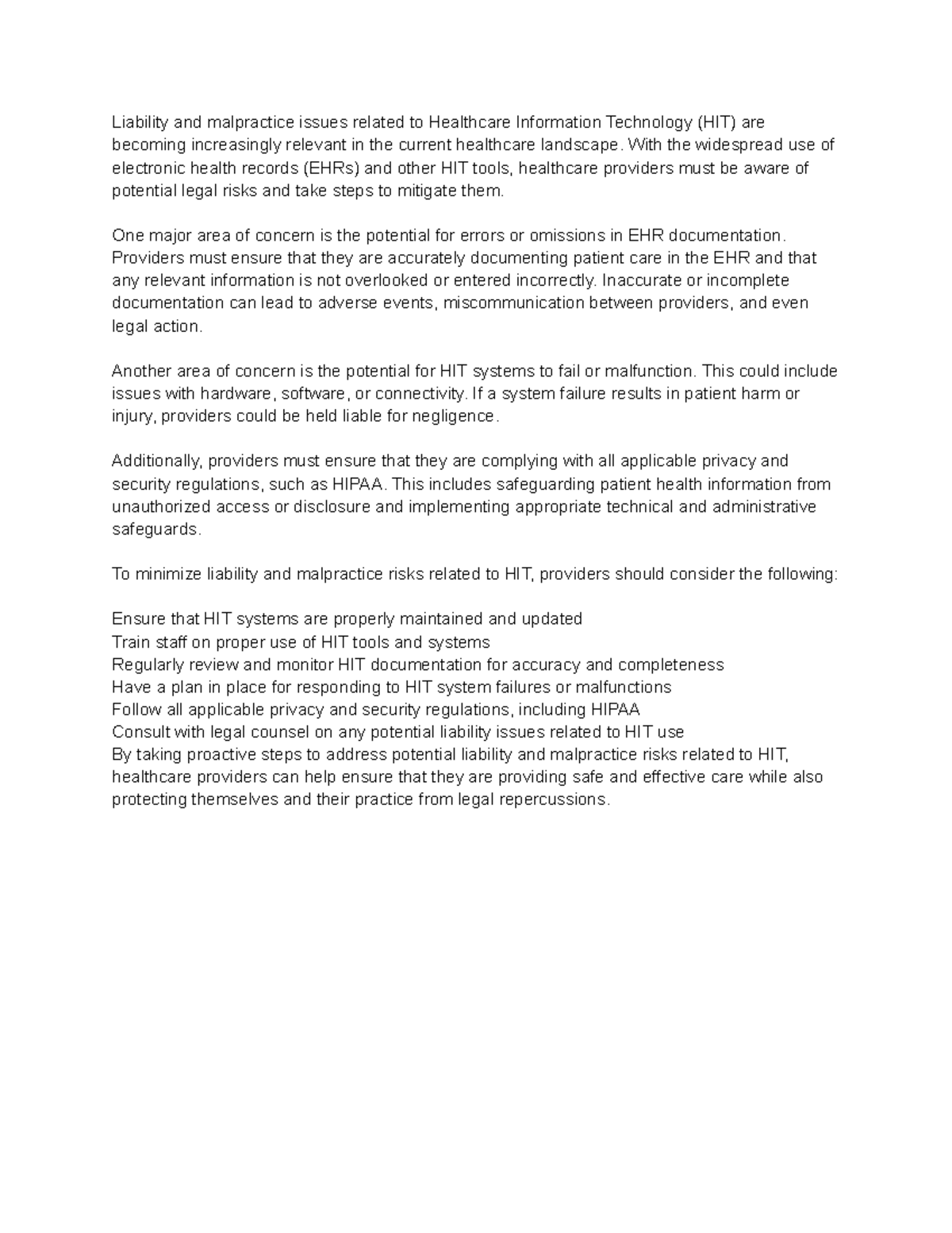 Liability and Malpractice Issues Related to HIT Notes - Liability and ...