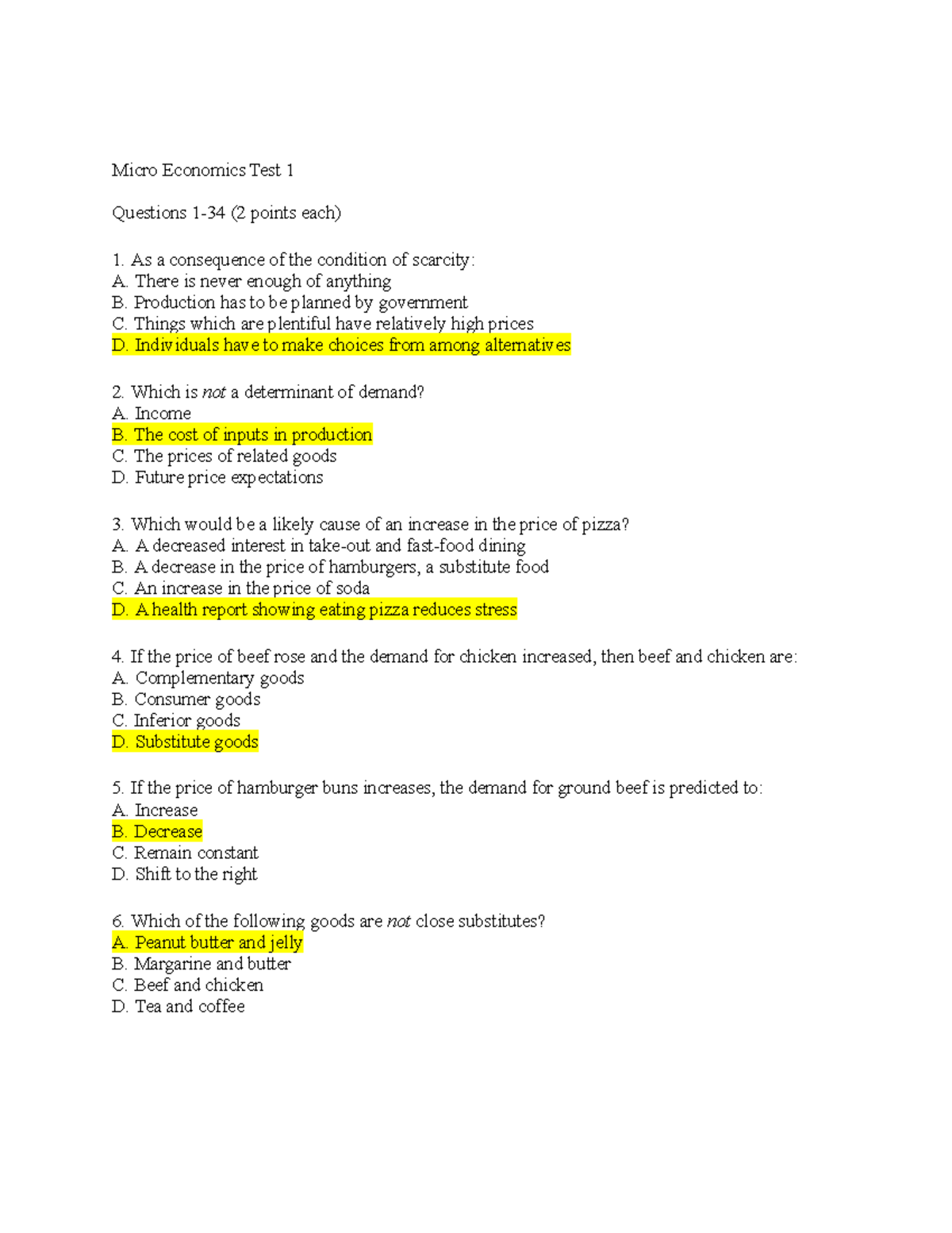 Test 1 November 8 2020, questions and answers - Micro Economics Test 1 ...