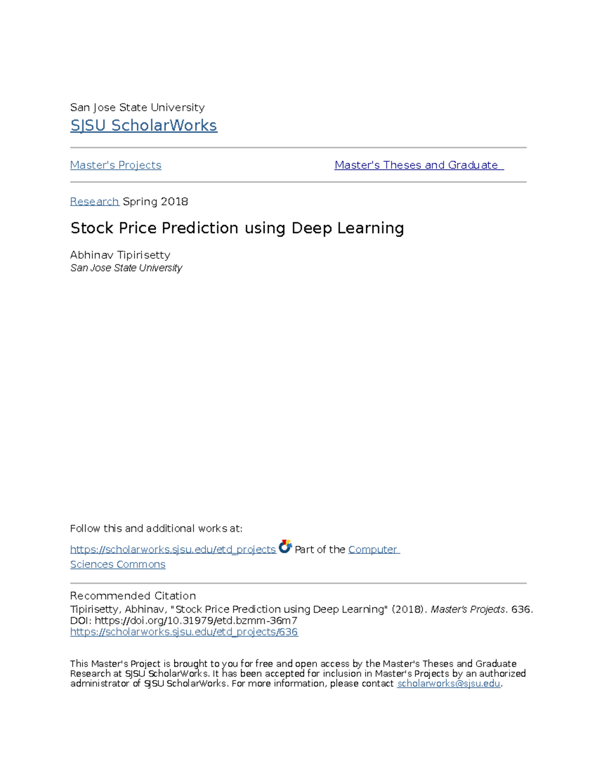 Stock Price Prediction using Deep Learning - San Jose State University ...