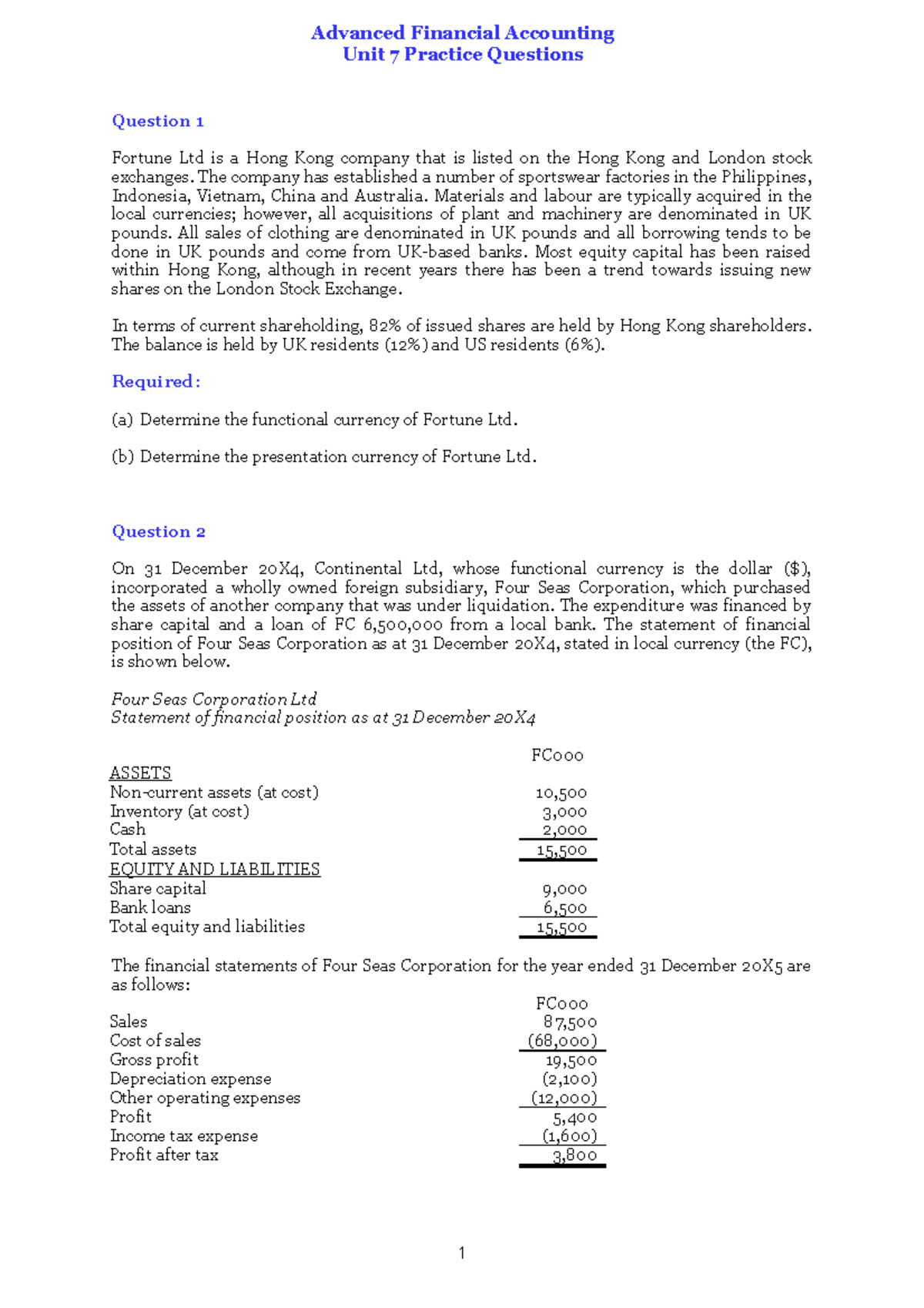 Unit 7 Practice Questions - Advanced Financial Accounting Unit 7 ...