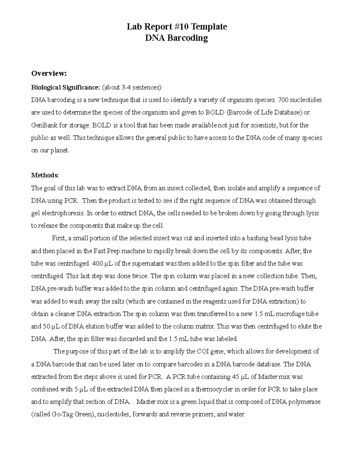 BIO161 Lab Report 10 - Lab Report #10 Template DNA Barcoding Overview ...