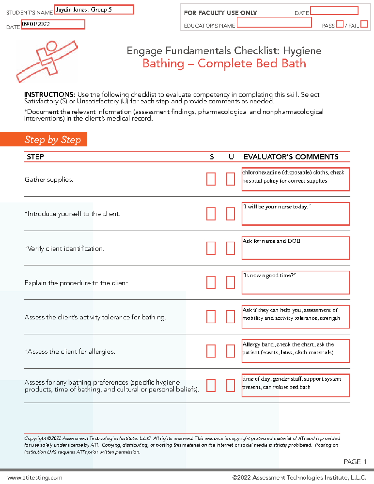 Skills checklist - complete bed bath - PAGE 1 Copyright ©2022 ...