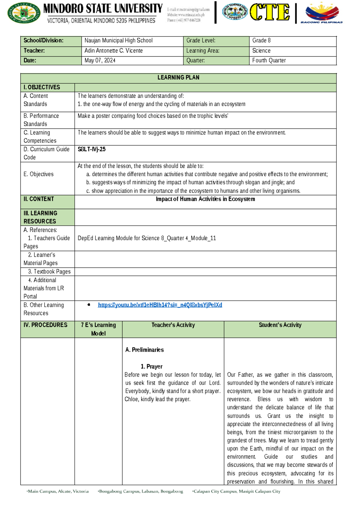 Impact of Human Activities in Ecosystem - School/Division: Naujan ...