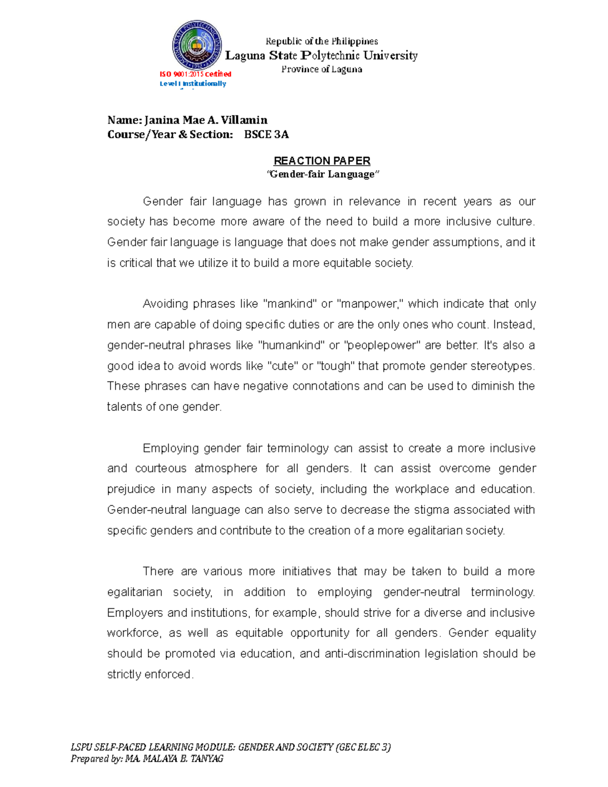 GEC-ELEC3 Week4 Tanyag MMB - Name: Janina Mae A. Villamin Course/Year ...