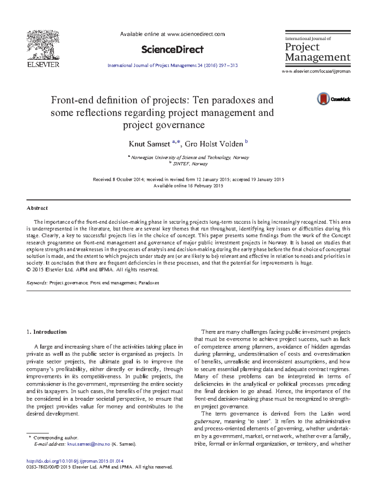 2016 Samset Volden frontend paradox - Front-end definition of projects: Ten paradoxes and some ...