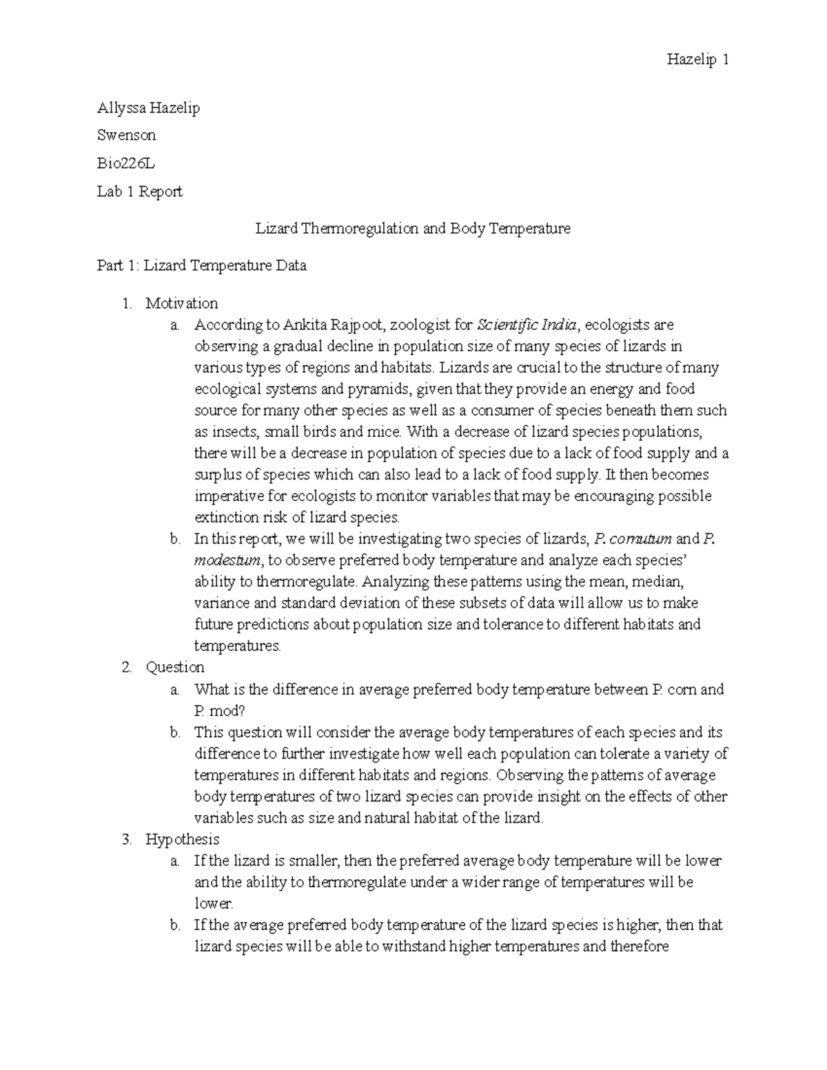 Lab 1 Report- Lizard Thermoregulation - BIO 326 - NAU - Studocu